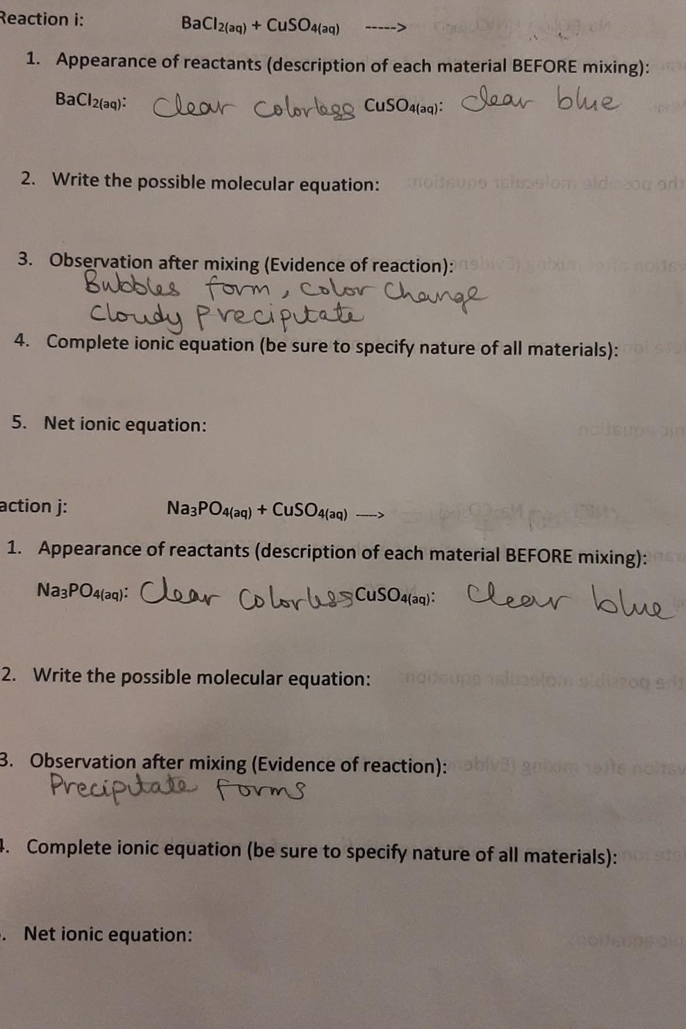 Solved Reaction i: BaCl2(aq) + CuSO4(aq) 1. Appearance of | Chegg.com