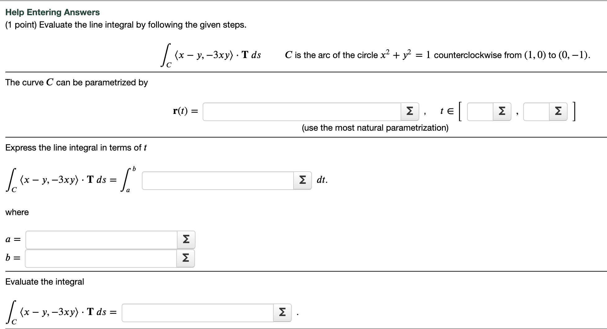 Solved Help Entering Answers(1 ﻿point) ﻿Evaluate the line | Chegg.com