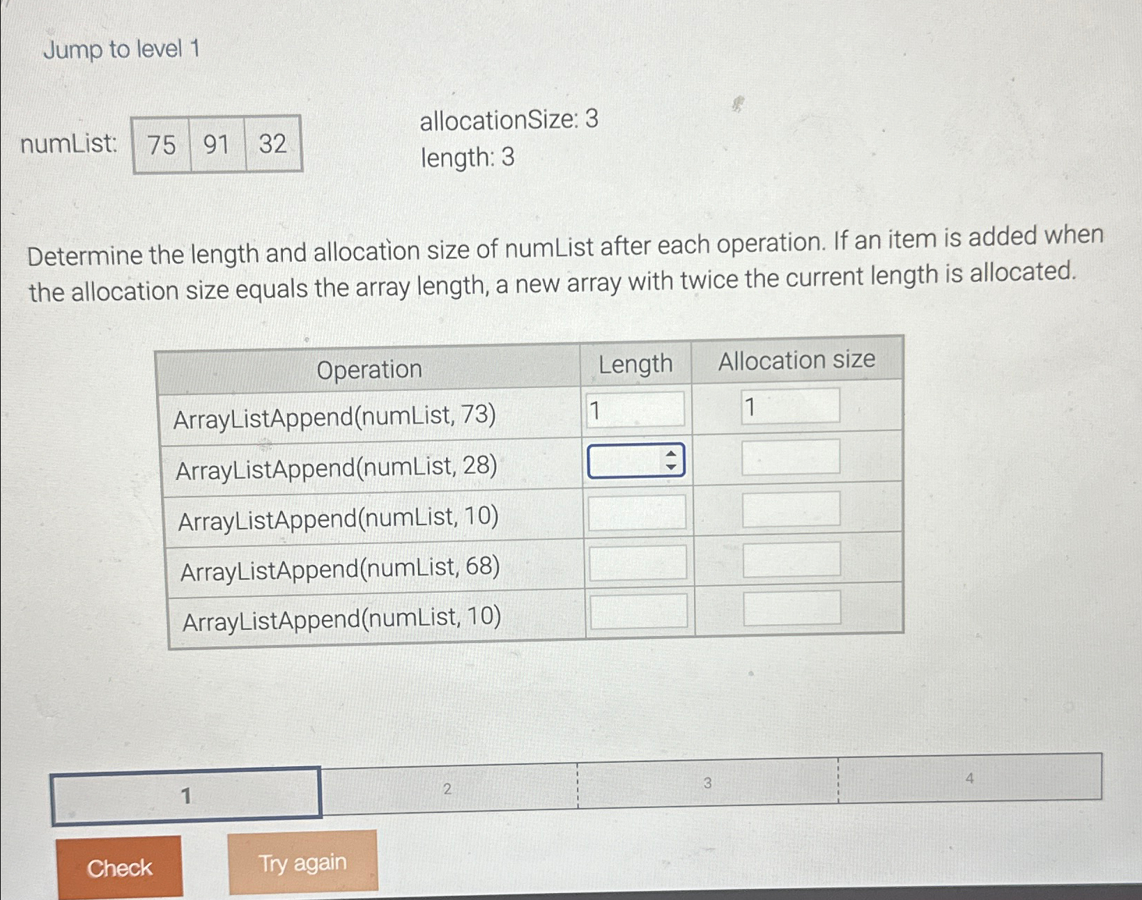 Jump to level 1 numList: 75 91 32 allocationSize: | Chegg.com
