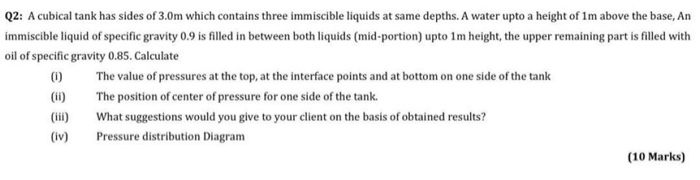 Solved Q2: A cubical tank has sides of 3.0m which contains | Chegg.com