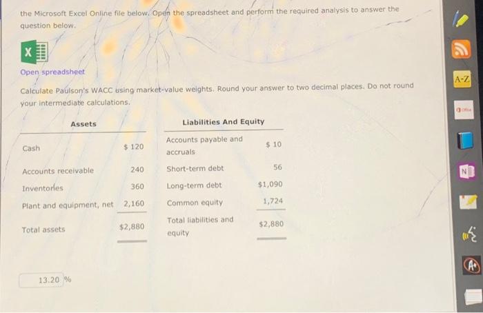 the Microsoft Excel Online file below. Open the | Chegg.com