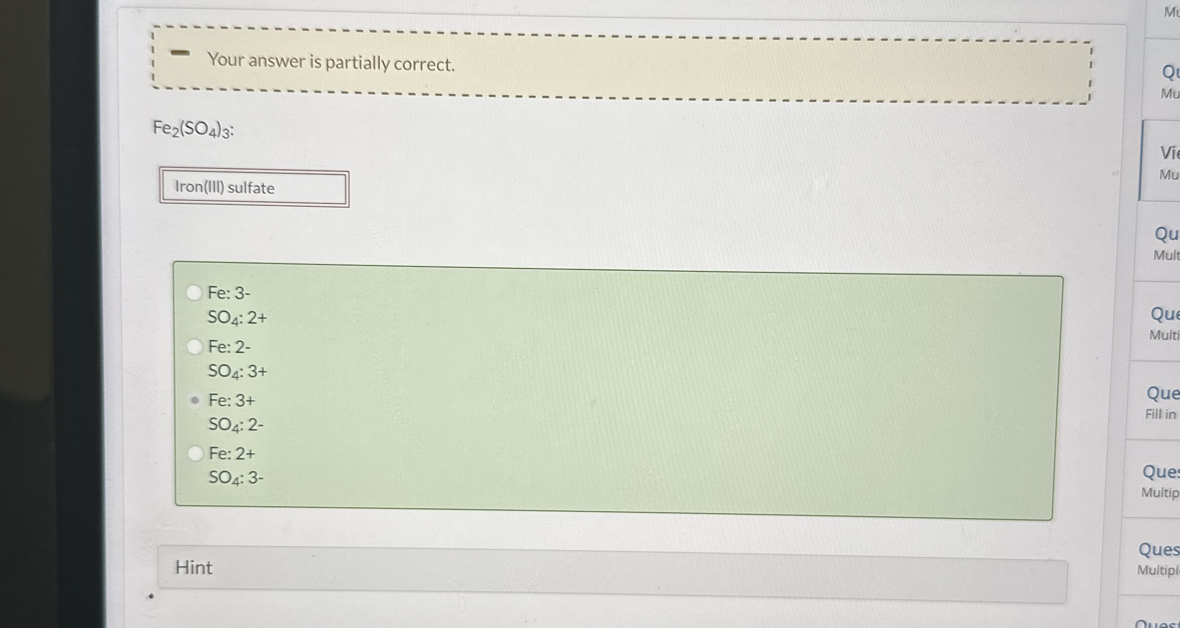 Solved Your answer is partially correct.Fe2(SO4)3:Iron(III) | Chegg.com