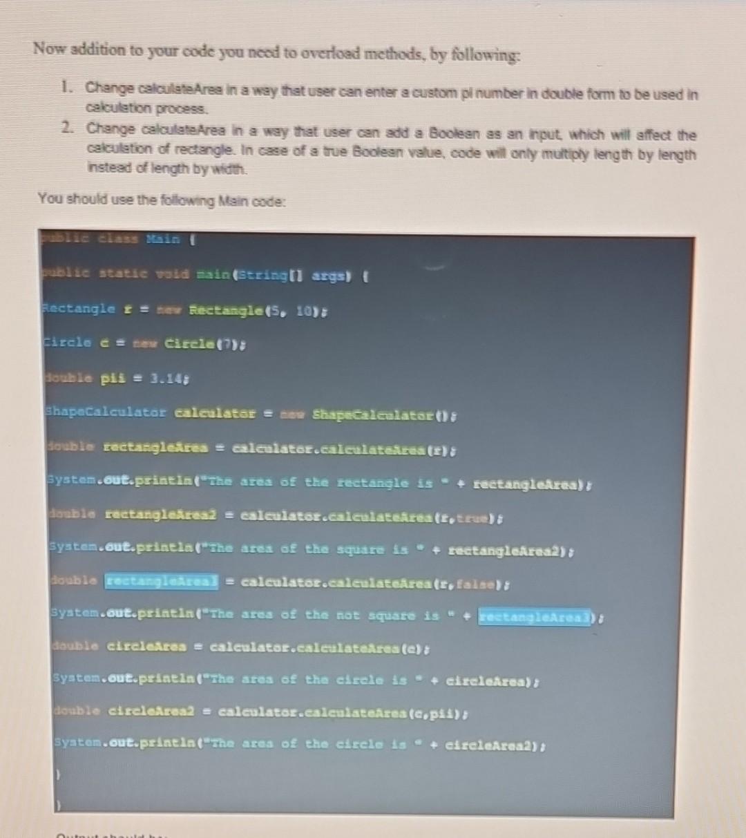 Solved Create a shape class that has a method calculateArea | Chegg.com