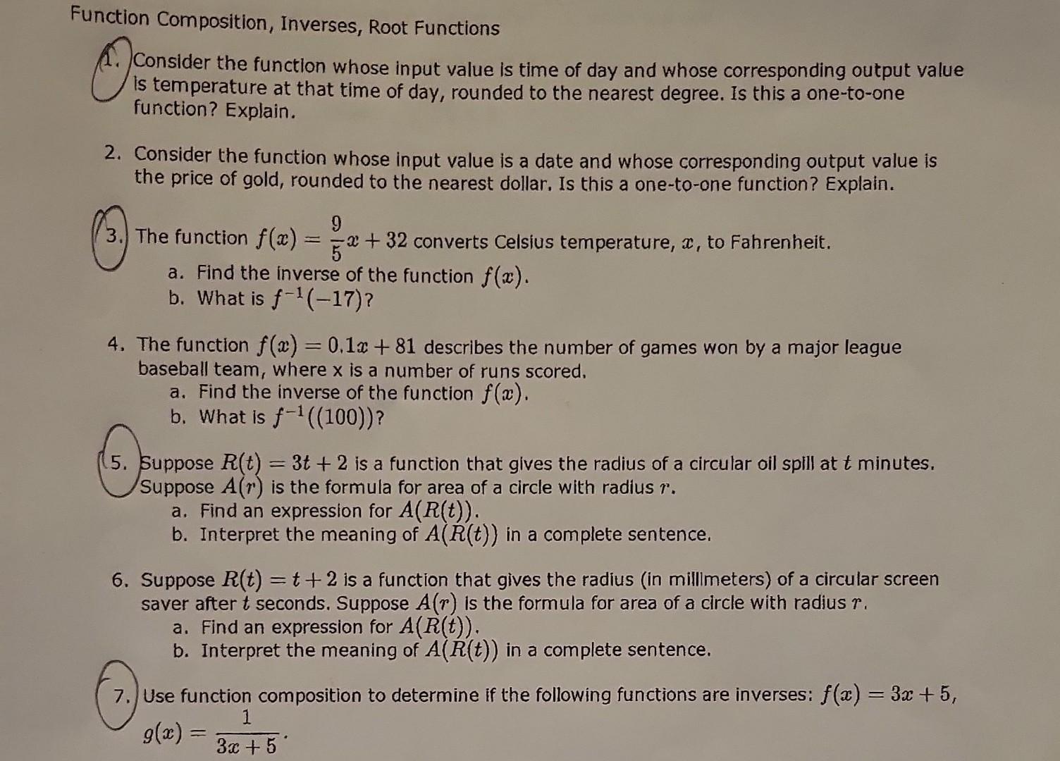 Solved Function Composition, Inverses, Root Functions O | Chegg.com