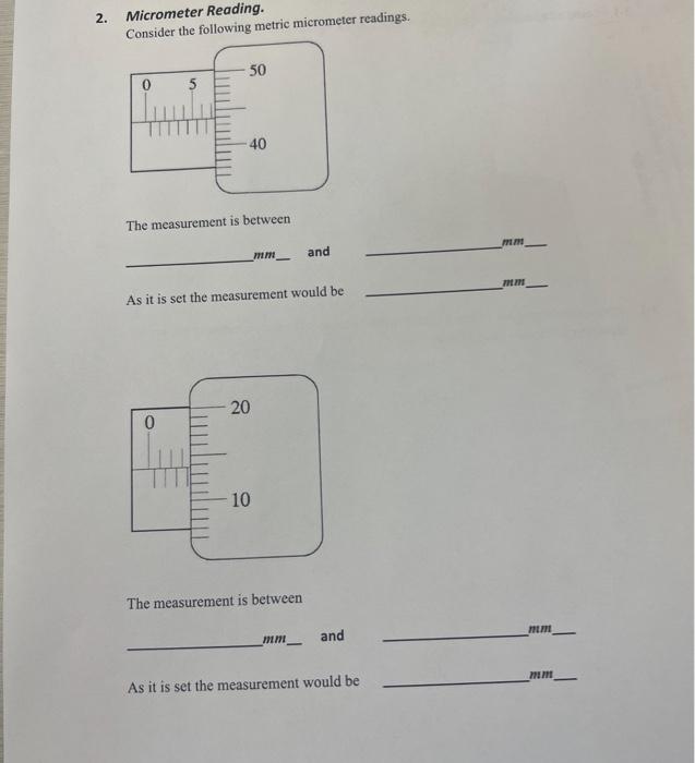 Solved 2. Micrometer Reading. Consider the following metric | Chegg.com
