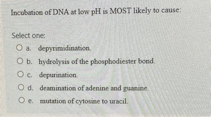 Solved Incubation of DNA at low pH is MOST likely to cause: | Chegg.com