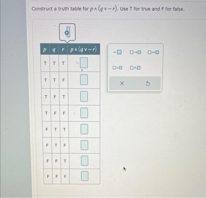 Solved Construct a truth table for p∧(q∨∼r). Use T for true | Chegg.com