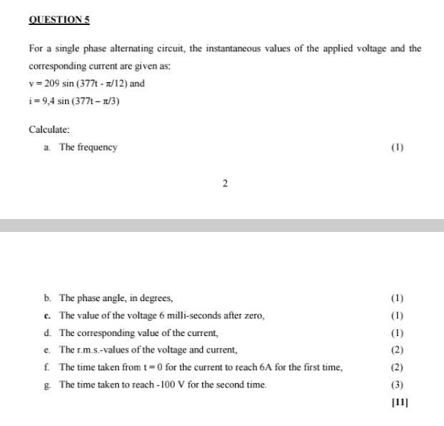 Solved For a single phase alternating circuit, the | Chegg.com