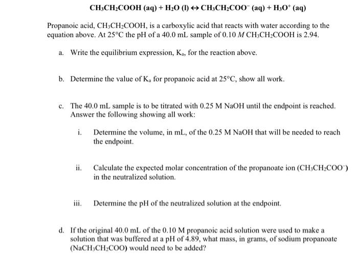 Solved CH;CH2COOH (aq) + H20 (1) + CH3CH2COO- (aq) + H30+ | Chegg.com