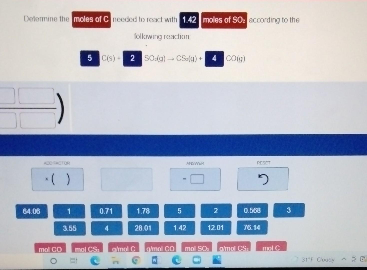 Solved Determine the moles of C needed to react with 1.42 | Chegg.com