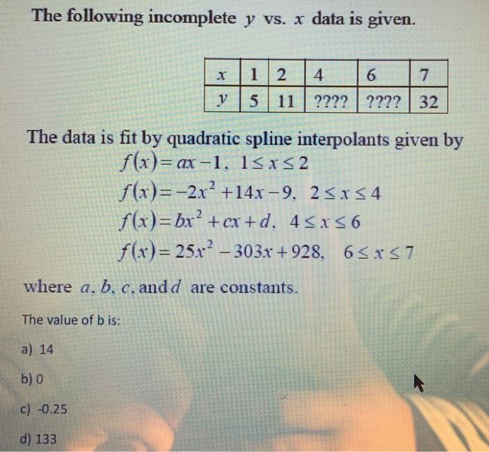 Solved The following incomplete y vs. x data is given. X 12 | Chegg.com