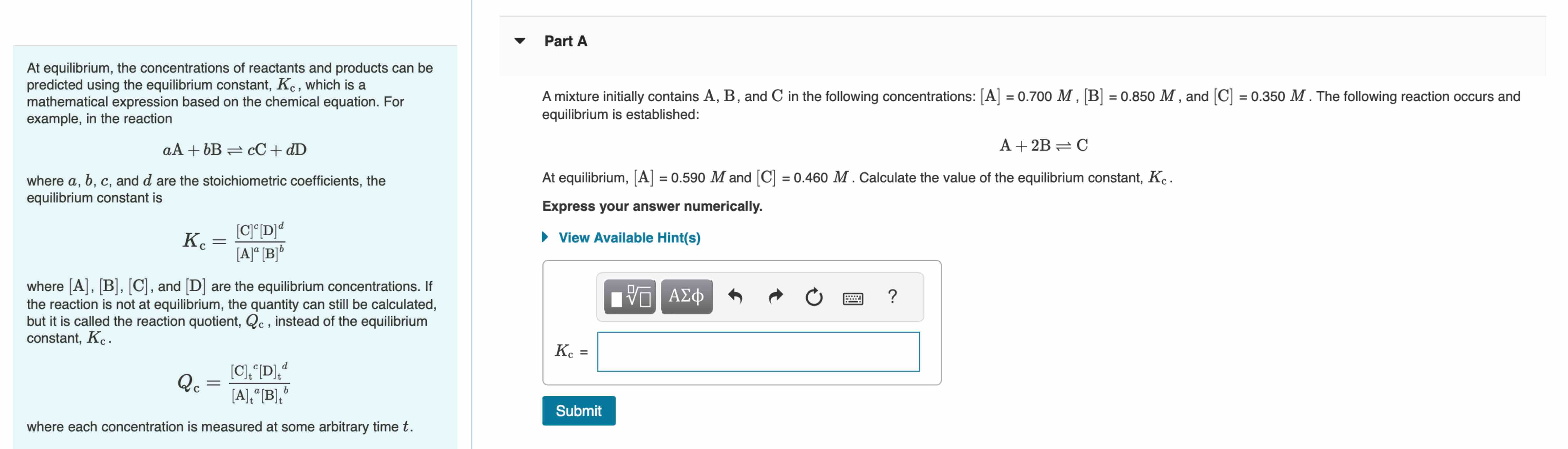 Solved Part AAt equilibrium, the concentrations of reactants | Chegg.com