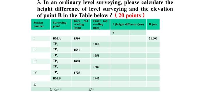 Solved 3. In an ordinary level surveying, please calculate | Chegg.com