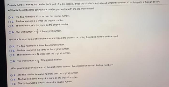Solved Pick any number, multiply the number by 3, add 18 to | Chegg.com