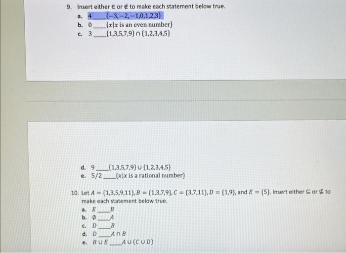 Solved 9. Insert either ∈ or ∈/ to make each statement below | Chegg.com