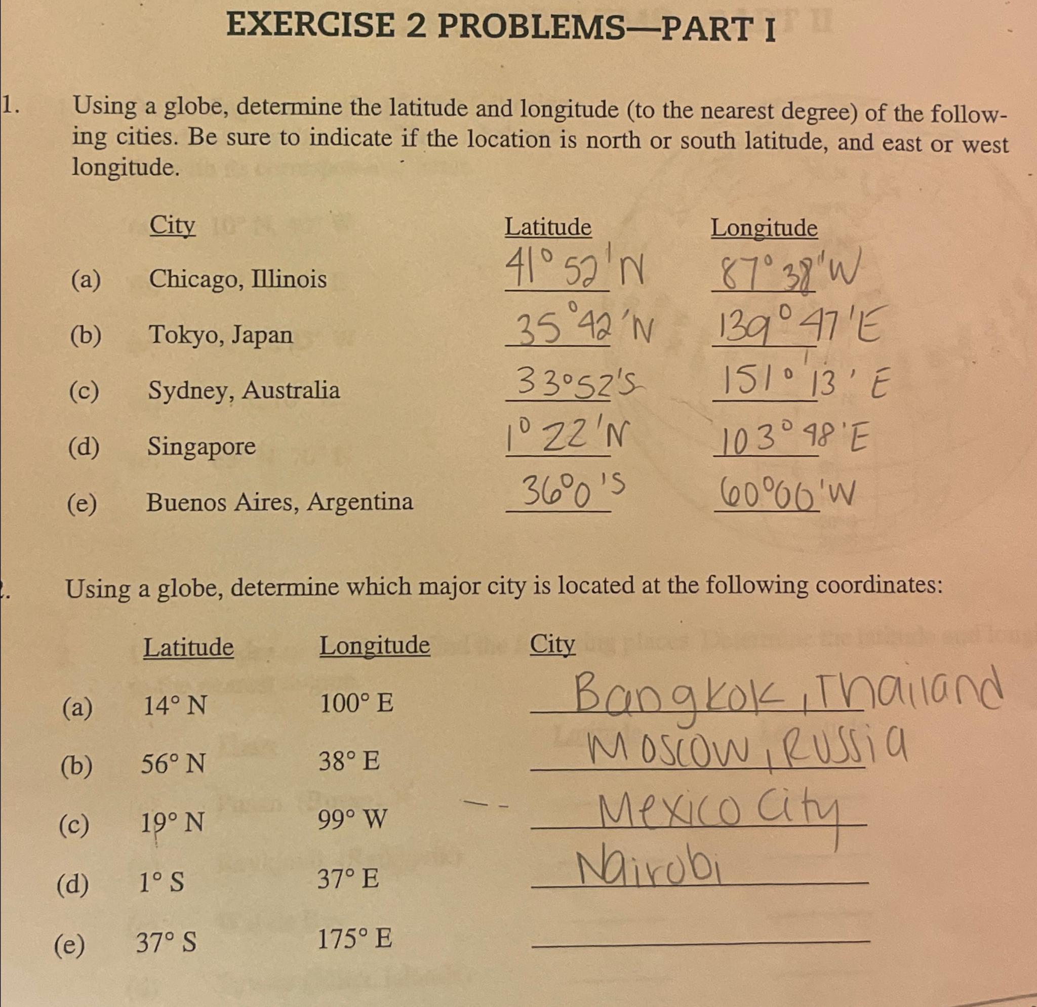Solved EXERGISE 2 ﻿PROBLEMS-PART IUsing a globe, determine | Chegg.com