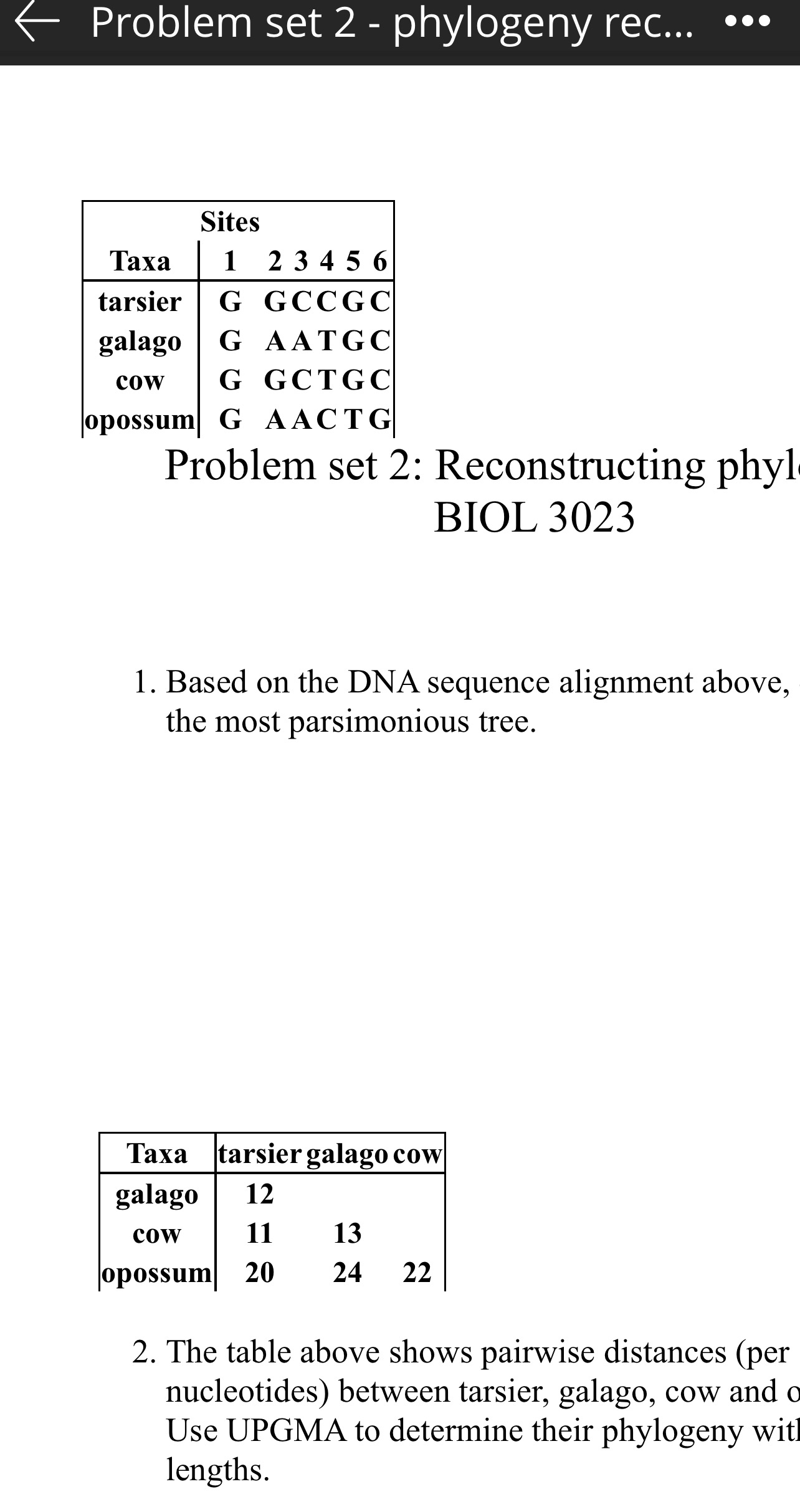 Solved Problem set 2 - ﻿phylogeny | Chegg.com
