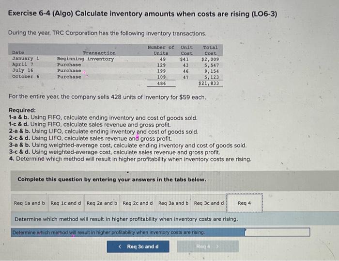 Solved Exercise 6-4 (Algo) Calculate inventory amounts when | Chegg.com