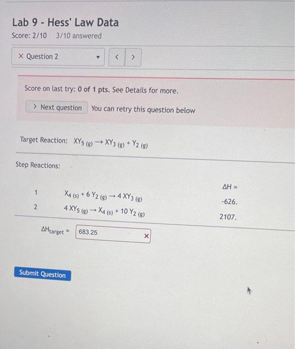 Solved Lab 9 - Hess' Law Data Score: 2/10 3/10 answered | Chegg.com