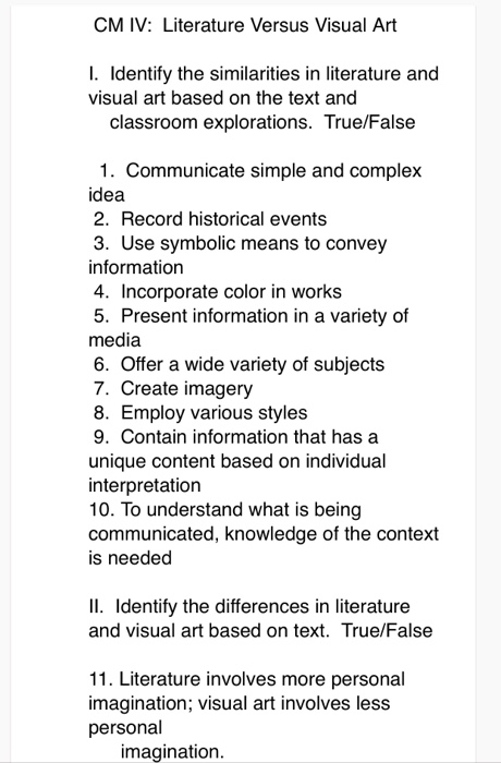 CM IV: Literature Versus Visual Art 1. Identify the | Chegg.com