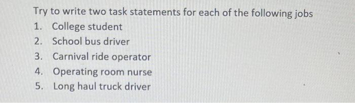 Solved Try to write two task statements for each of the | Chegg.com