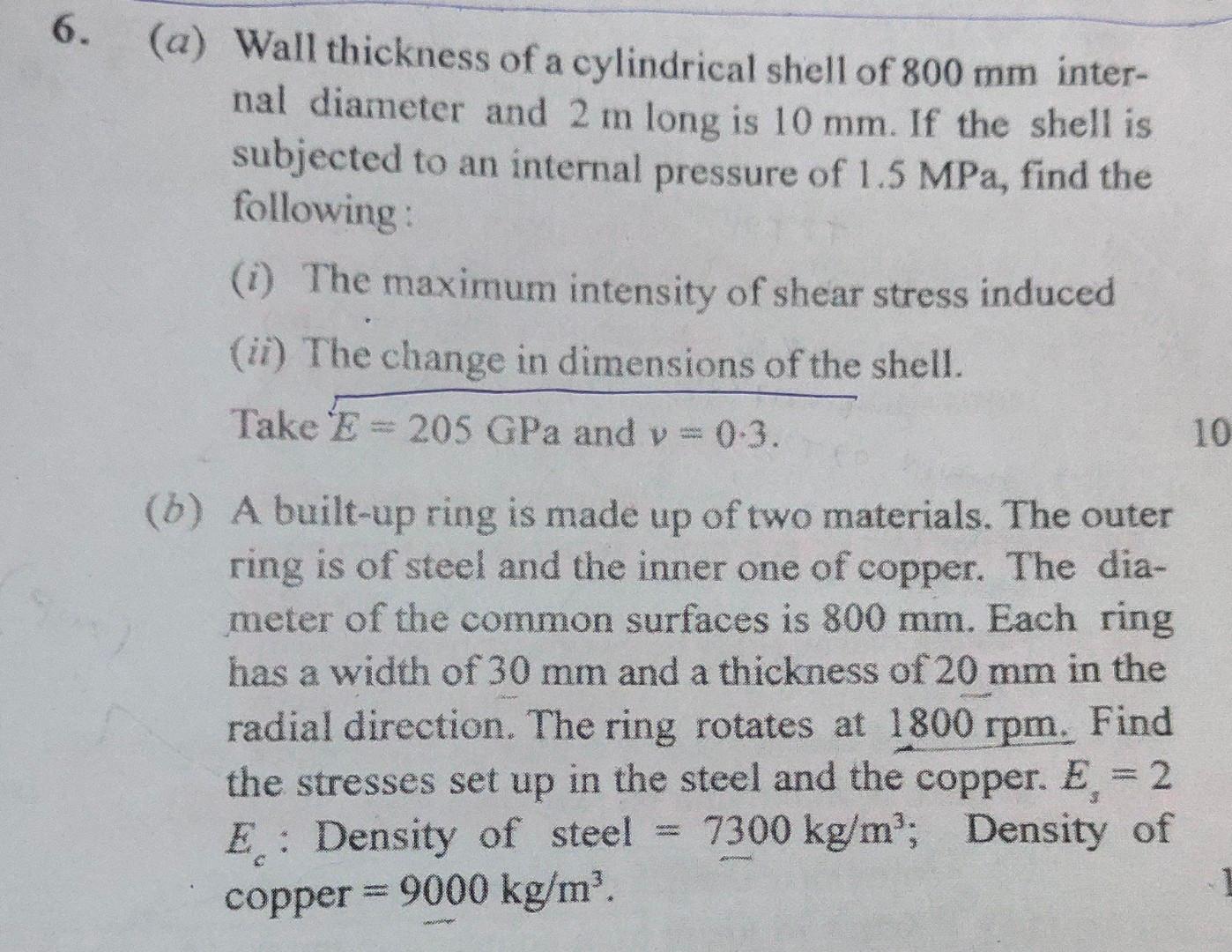 Solved (a) Wall thickness of a cylindrical shell of 800 mm | Chegg.com