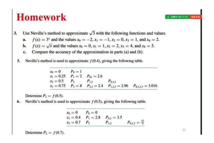 Solved Use Neville's method to approximate 3 with the | Chegg.com