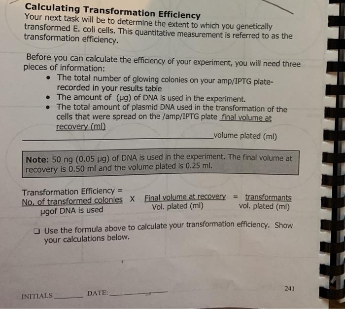 Solved Calculating Transformation Efficiency Your next task | Chegg.com