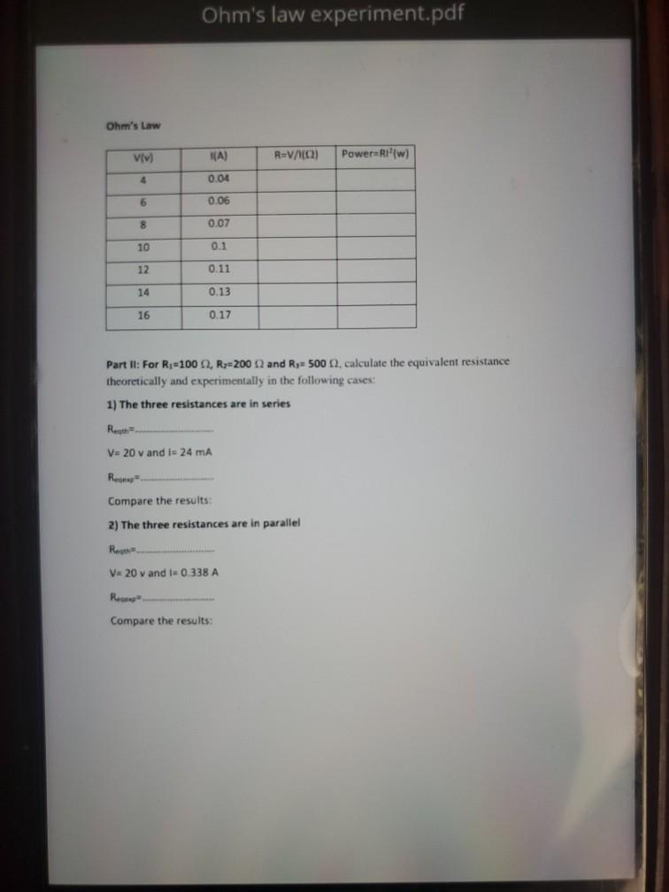 Solved Ohm's law experiment.pdf Ohm's Law VM (A) R=V/10) | Chegg.com