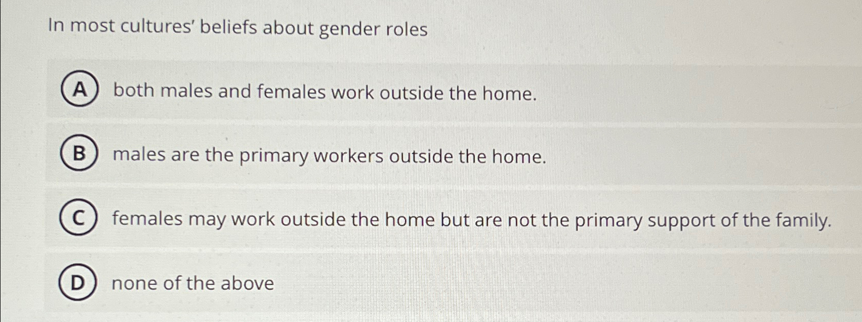 Solved In most cultures' beliefs about gender rolesboth | Chegg.com