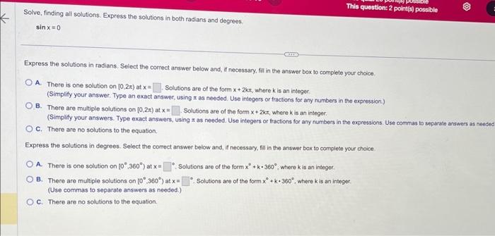 Solved Solve, finding all solutions. Express the solutions | Chegg.com