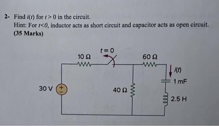 Solved Find i(t) for t>0 in the circuit. Hint: For t