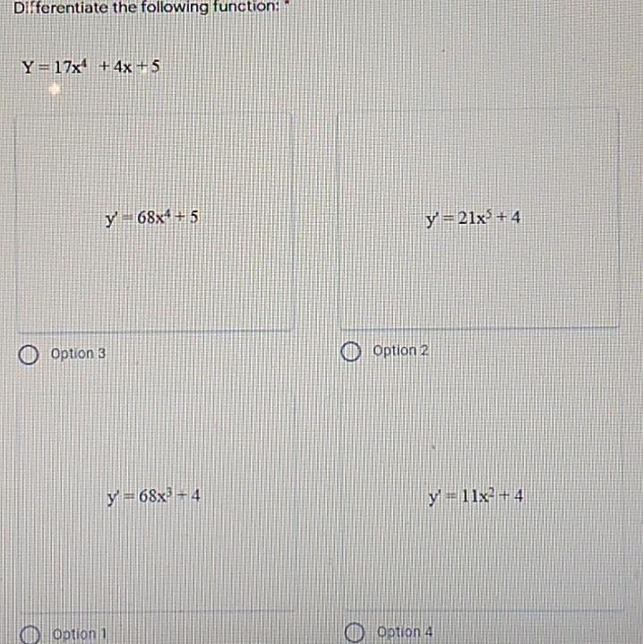 Solved Differentiate the following function Y=17x + 4x + 5 | Chegg.com