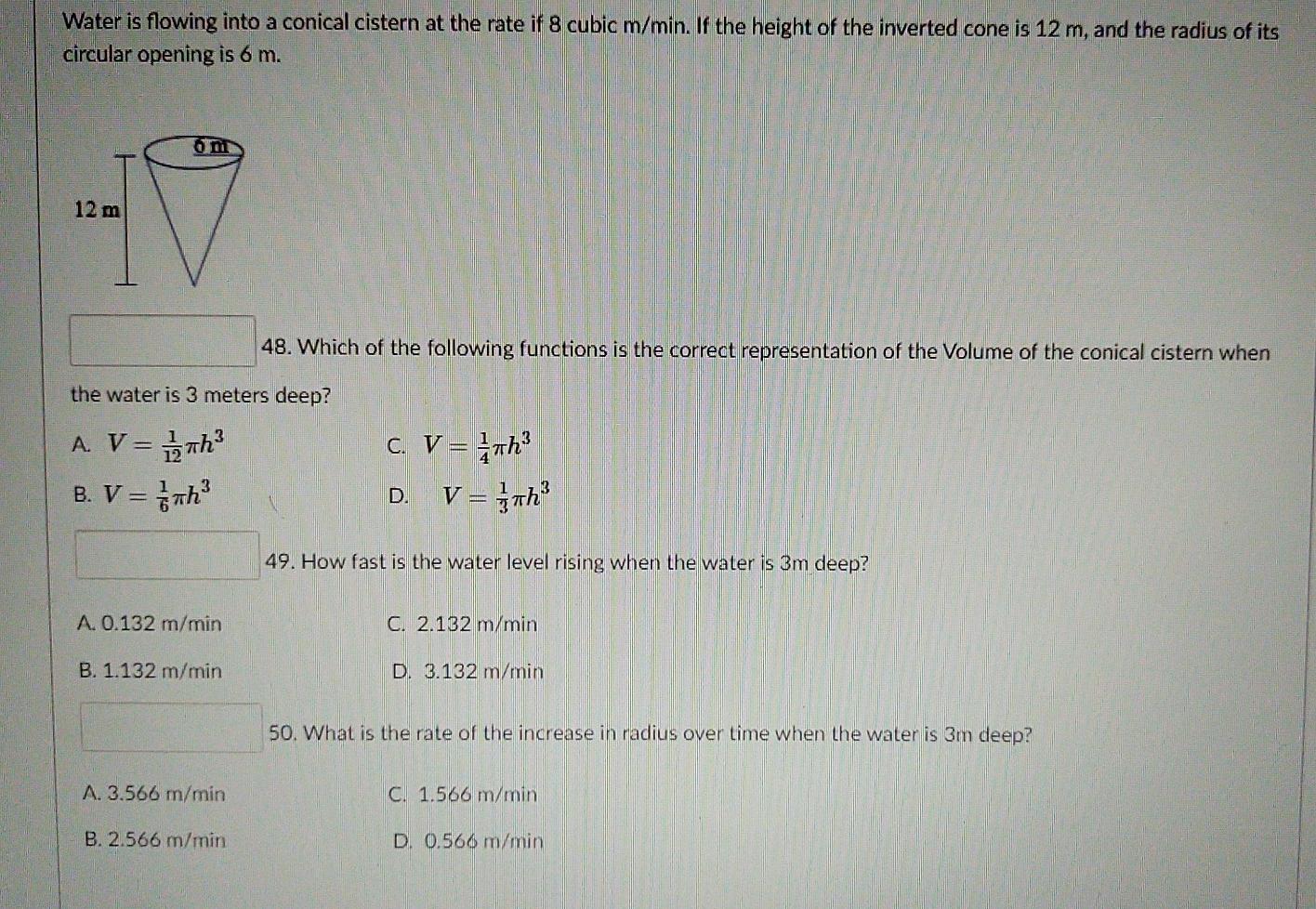 Solved Water is flowing into a conical cistern at the rate | Chegg.com
