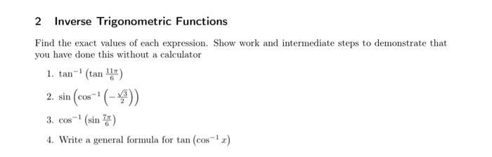 Solved 2 Inverse Trigonometric Functions Find the exact | Chegg.com
