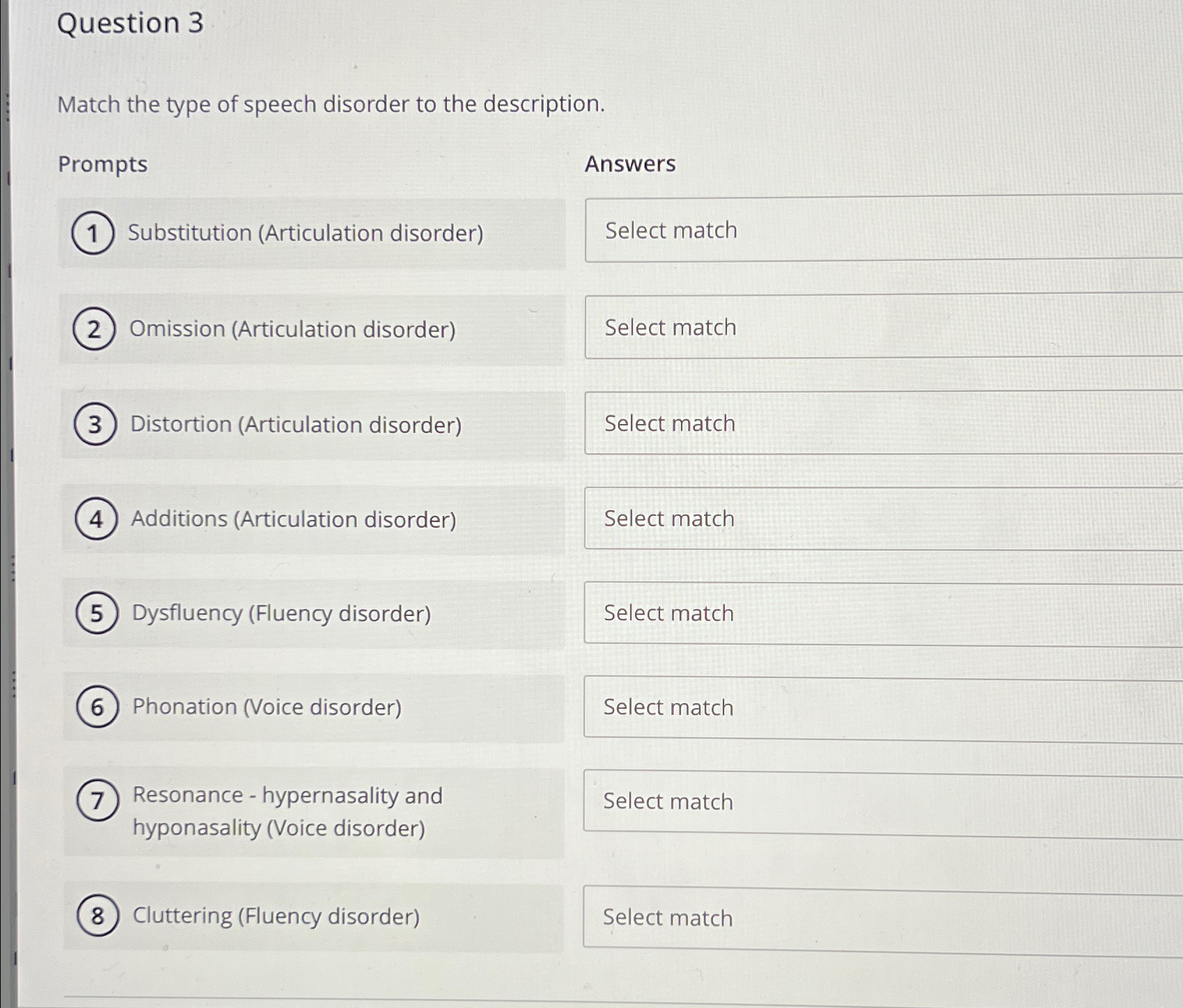 Solved Question 3Match the type of speech disorder to the | Chegg.com