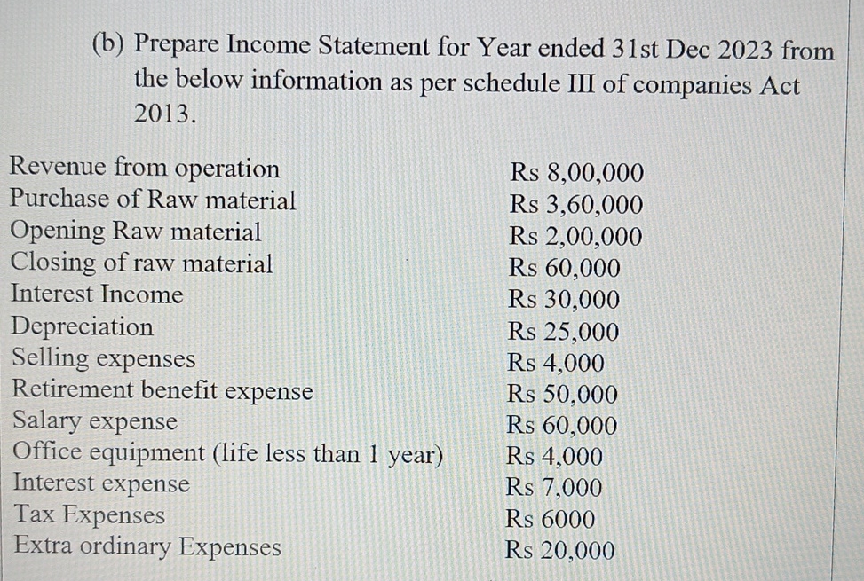 Solved (b) ﻿Prepare Income Statement for Year ended 31st Dec | Chegg.com