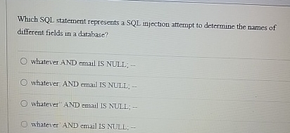 Solved Which SQL statement represents a SQL injection | Chegg.com