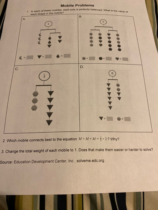 Solved Mobile Problems 1. In each of these mobiles, each | Chegg.com