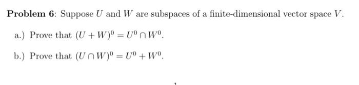 Solved Problem 6: Suppose U and W are subspaces of a | Chegg.com