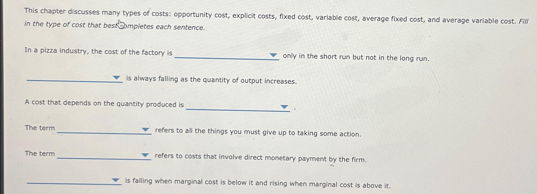 Solved This chapter discusses many types of costs: | Chegg.com