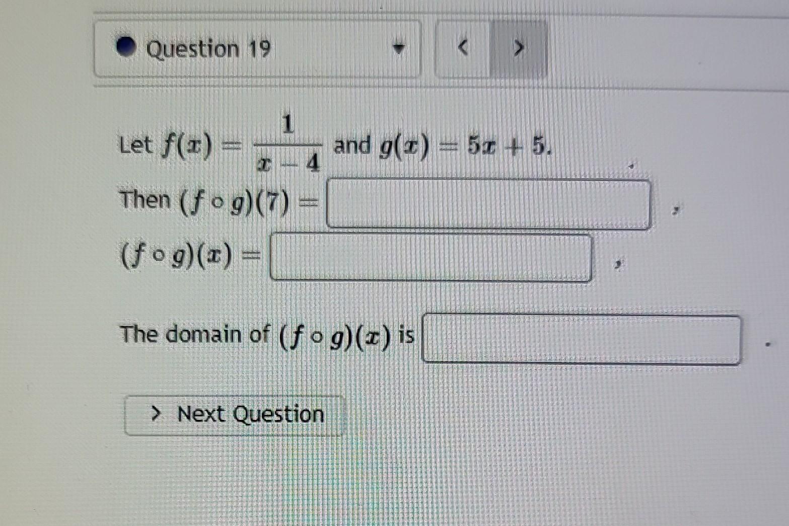 Solved Let f(x)=x−41 and g(x)=5x+5 Then (f∘g)(7)= (f∘g)(x)= | Chegg.com