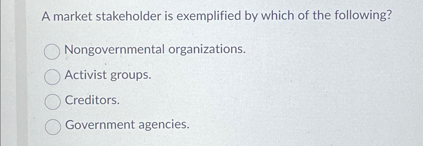 Solved A market stakeholder is exemplified by which of the | Chegg.com