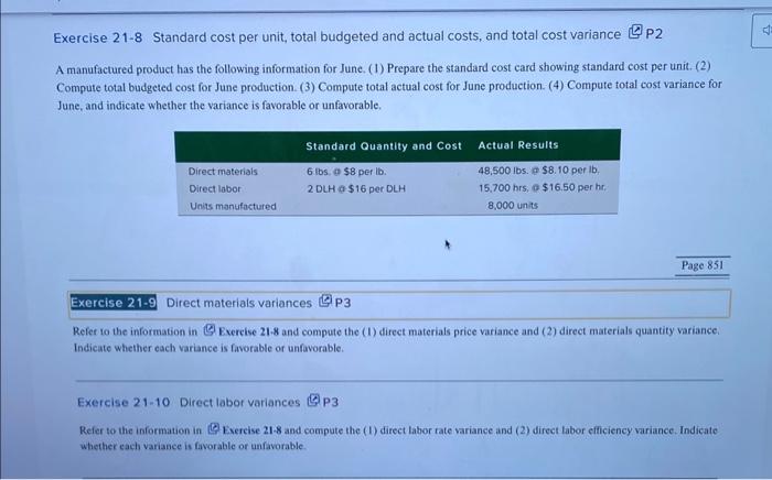 Solved Exercise 21-8 Standard cost per unit, total budgeted | Chegg.com