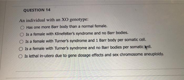 QUESTION 14 An individual with an XO genotype: O Has | Chegg.com