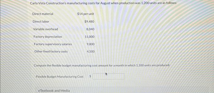 Solved Carla Vista Construction's manufacturing costs for | Chegg.com