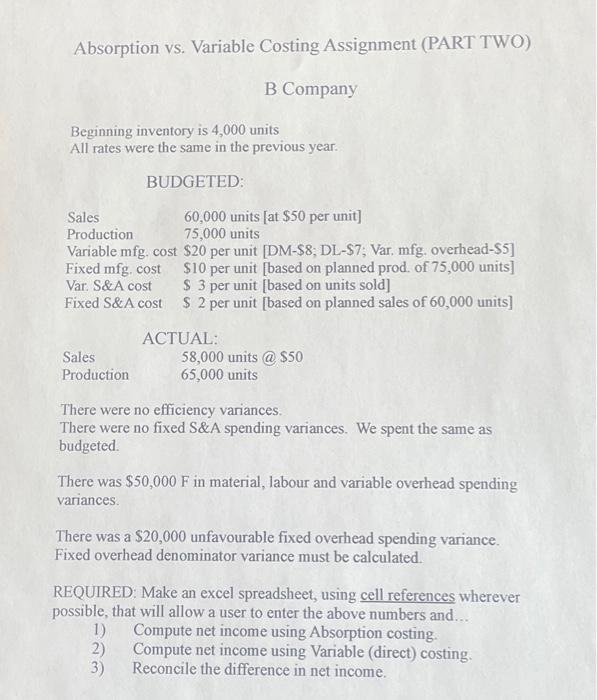 Solved Absorption vs. Variable Costing Assignment A Company | Chegg.com