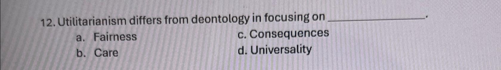 Solved Utilitarianism differs from deontology in focusing | Chegg.com