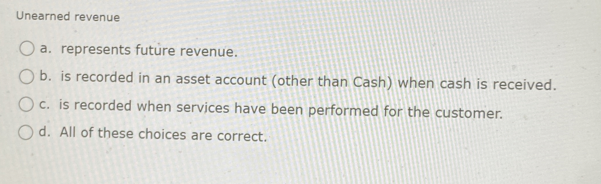 Solved Unearned revenuea. ﻿represents future revenue.b. ﻿is | Chegg.com