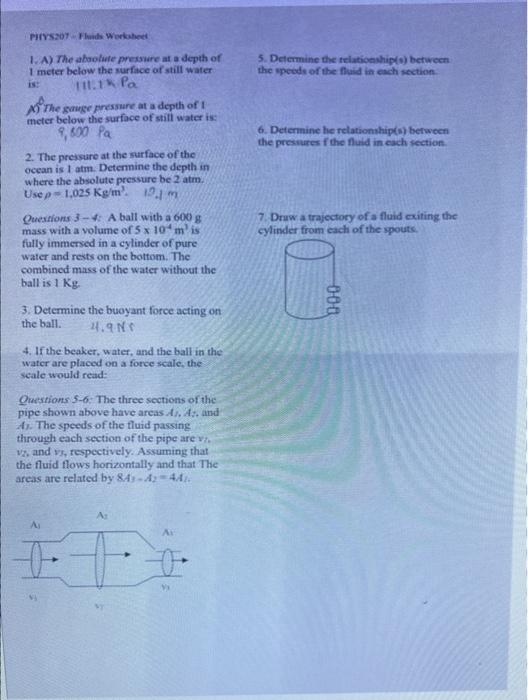 Solved 1. A) The aboolute pressure at a depth of 5. | Chegg.com